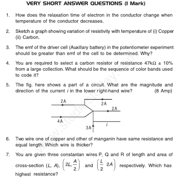 CBSE Class 12 Physics Current Electricity Notes And Questions